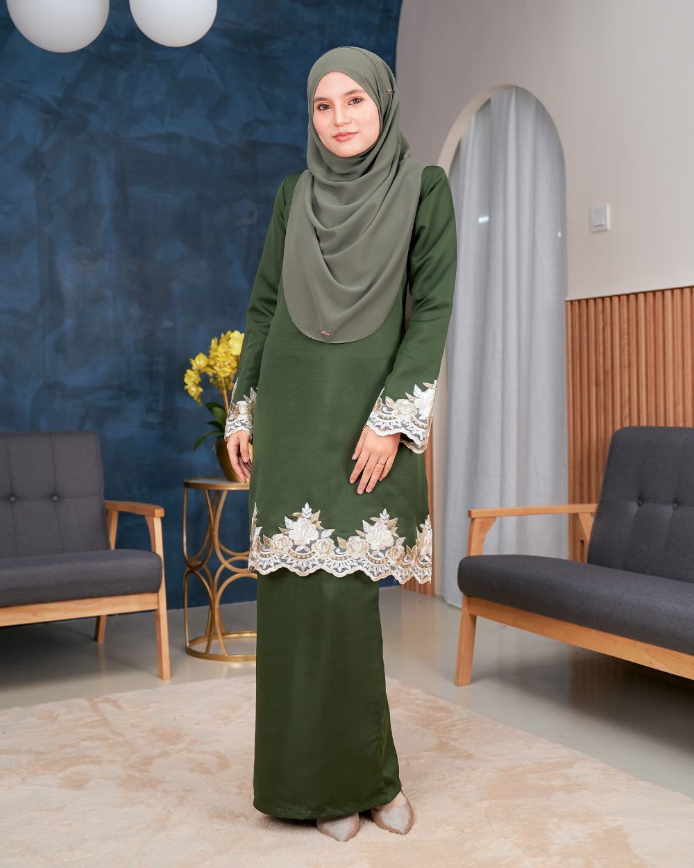 Baju Kurung Lace Safaira - Olive Green - Kualiti Designer, Harga Luarbiasa